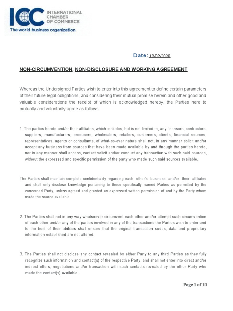 Non-Circumvention, Non-Disclosure and Working Agreement: Date | PDF ...