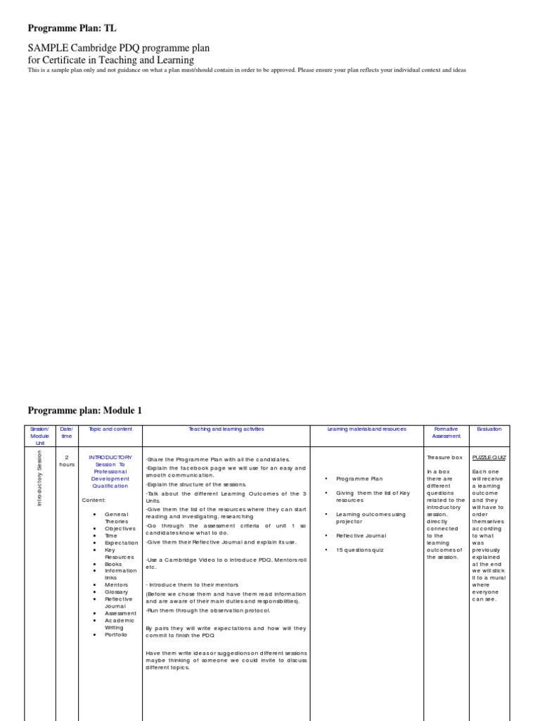 SAMPLE Cambridge PDQ Programme Plan For Certificate in Teaching and ...