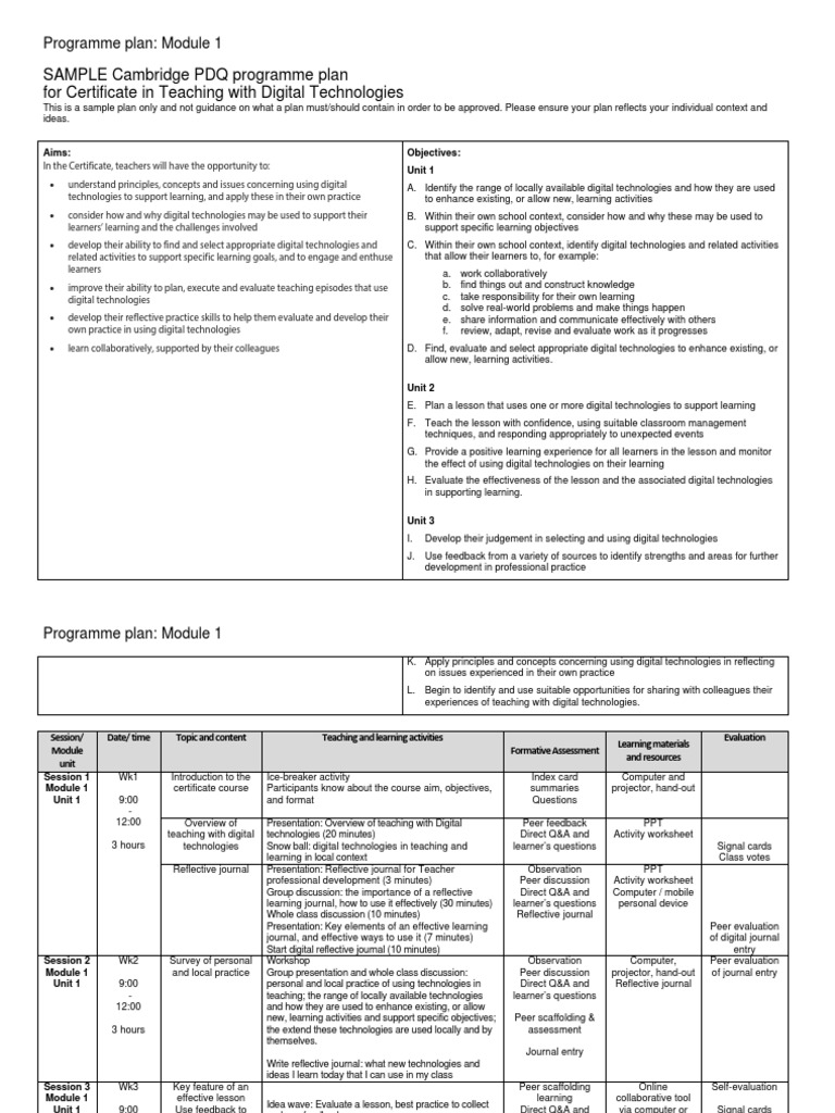 SAMPLE Cambridge PDQ Programme Plan For Certificate in Teaching With ...