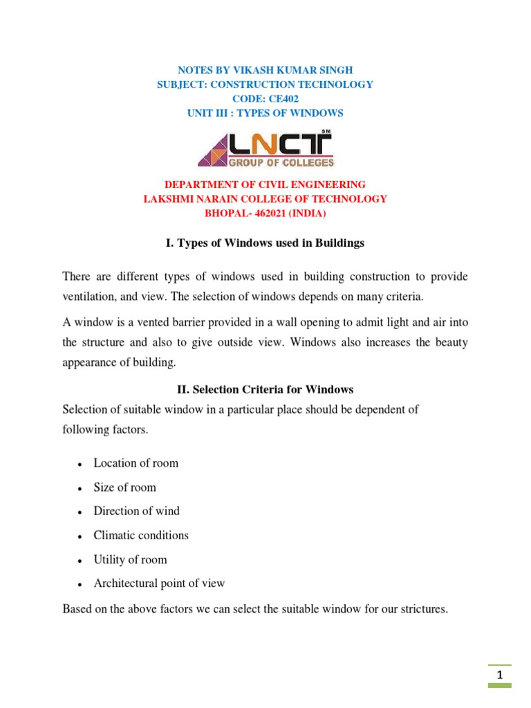 I. Types of Windows Used in Buildings | PDF | Window | Building Technology