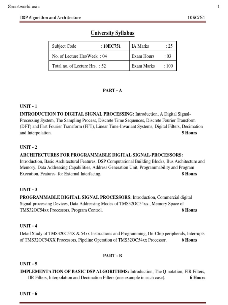 ECE-VII-DSP ALGORITHMS & ARCHITECTURE Part A | PDF | Digital Signal ...
