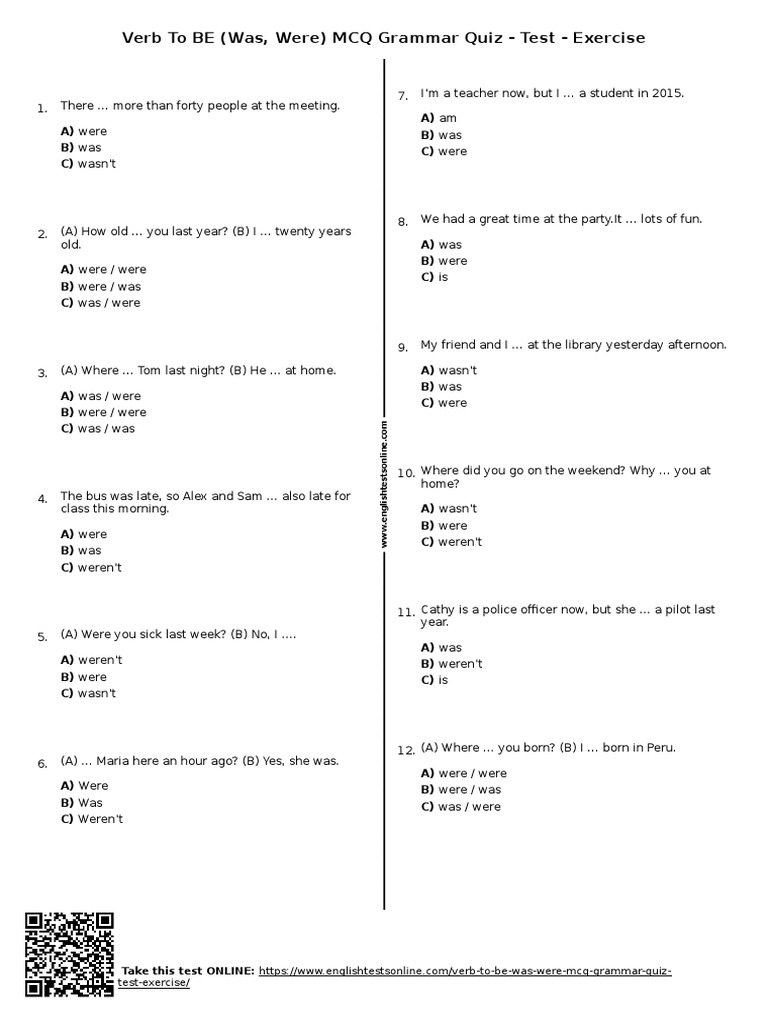 782 - Verb To Be Was Were MCQ Grammar Quiz Test Exercise | PDF