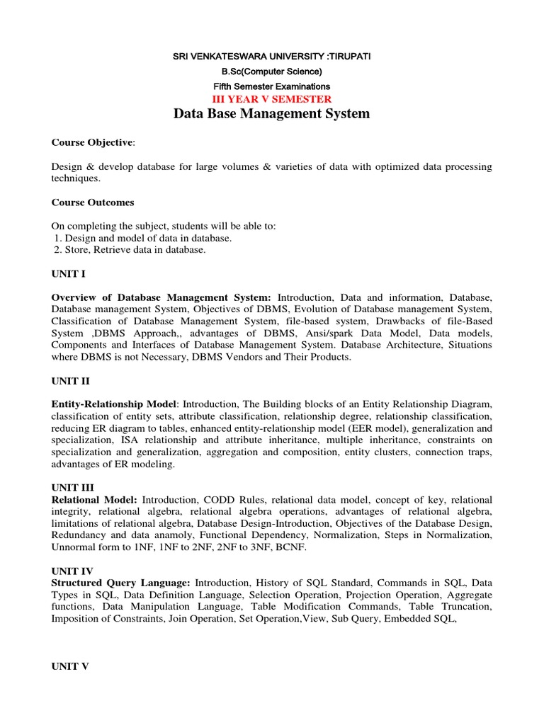Data Base Management System: Iii Year V Semester | PDF | Relational Database | Pl/Sql
