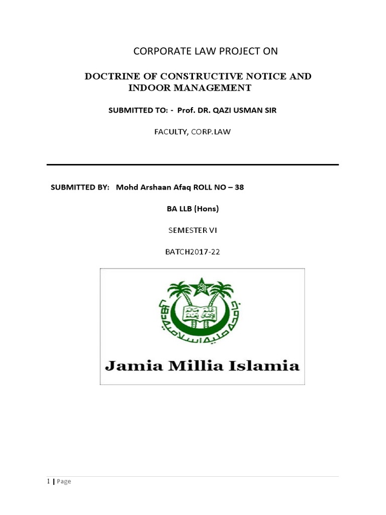 Corporate Law Project On: Doctrine of Constructive Notice and Indoor Management | PDF | Articles ...