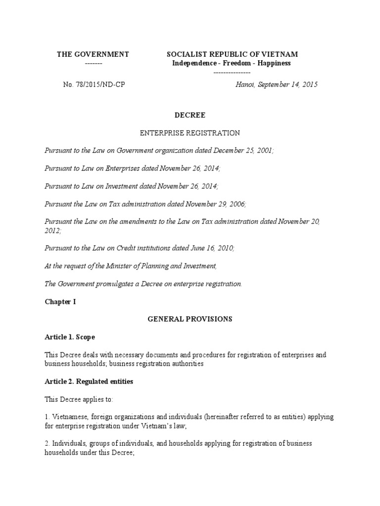 Decree 78 - 2015 - ND-CP On Business Registration - en | PDF ...