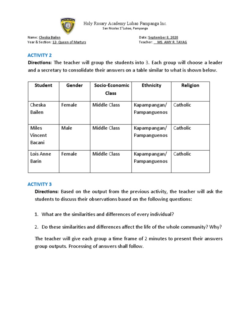 Activity 2: Directions: The Teacher Will Group The Students Into 3 ...