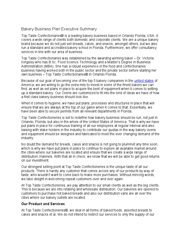 Bakery Business Plan Executive Summary | PDF | Bakery | Cakes