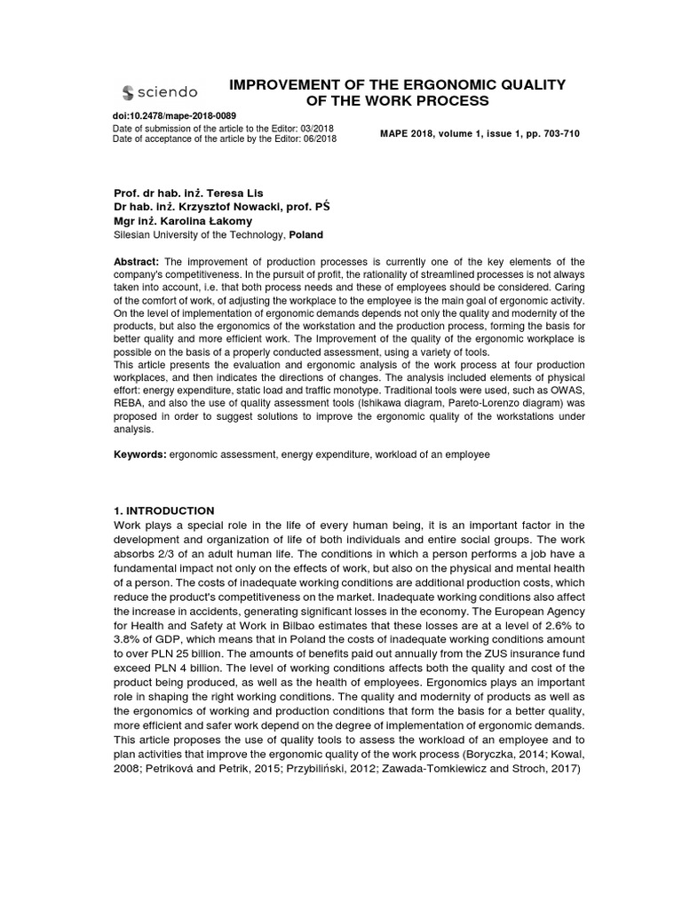 Improvement of The Ergonomic Quality of The Work Process | Download ...