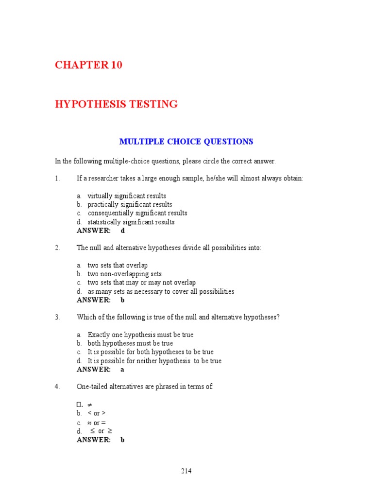 Multiple Choice Questions: Answer: D | PDF | P Value | Statistical Significance
