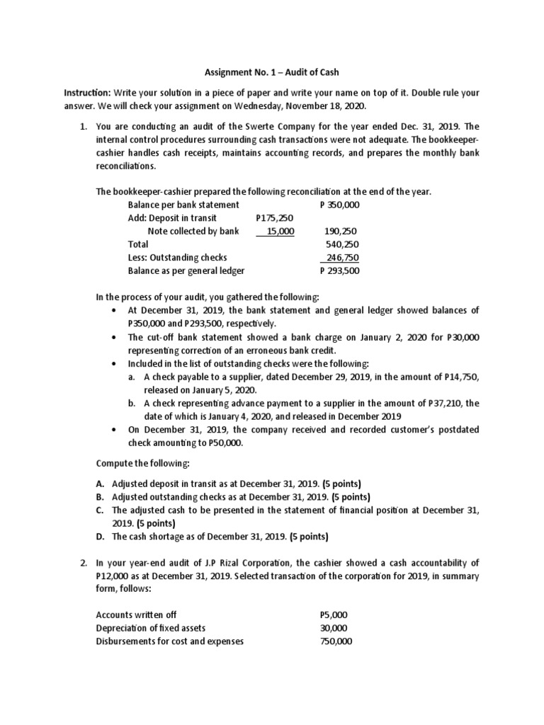 Assignment No. 1 Audit of Cash | PDF | Cheque | Bookkeeping