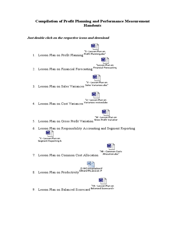 Compilation of Profit Planning and Performance Measurement Handouts ...