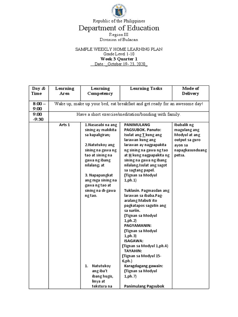 ARTS W3 Weekly Home Learning Plan | PDF