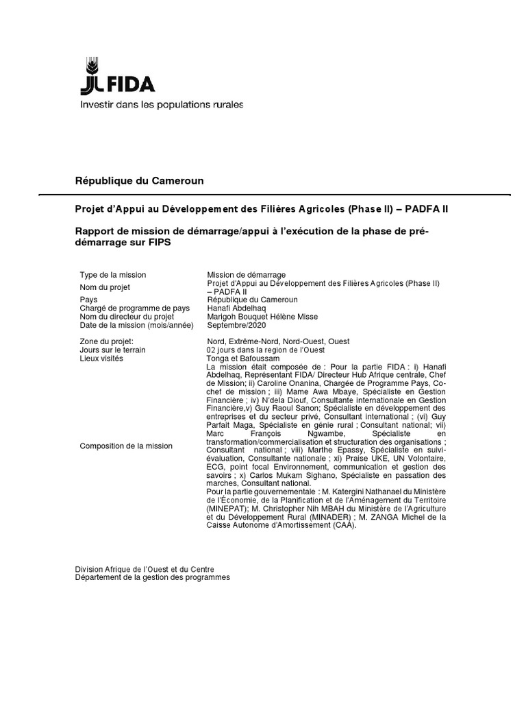 Rapport de démarrage PADFA II Cameroun | PDF | Cameroun | Risque
