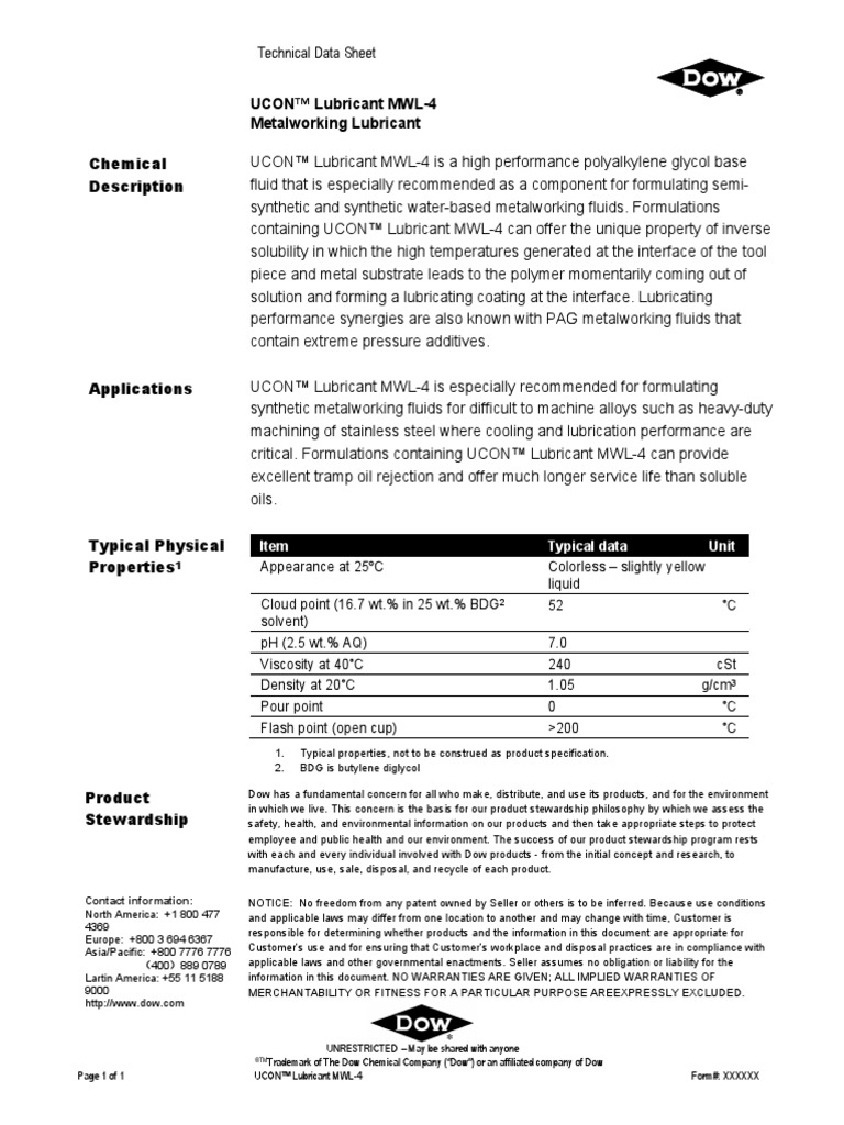 UCON Lubricant MWL-4 TDS-EN | PDF | Lubricant | Chemistry