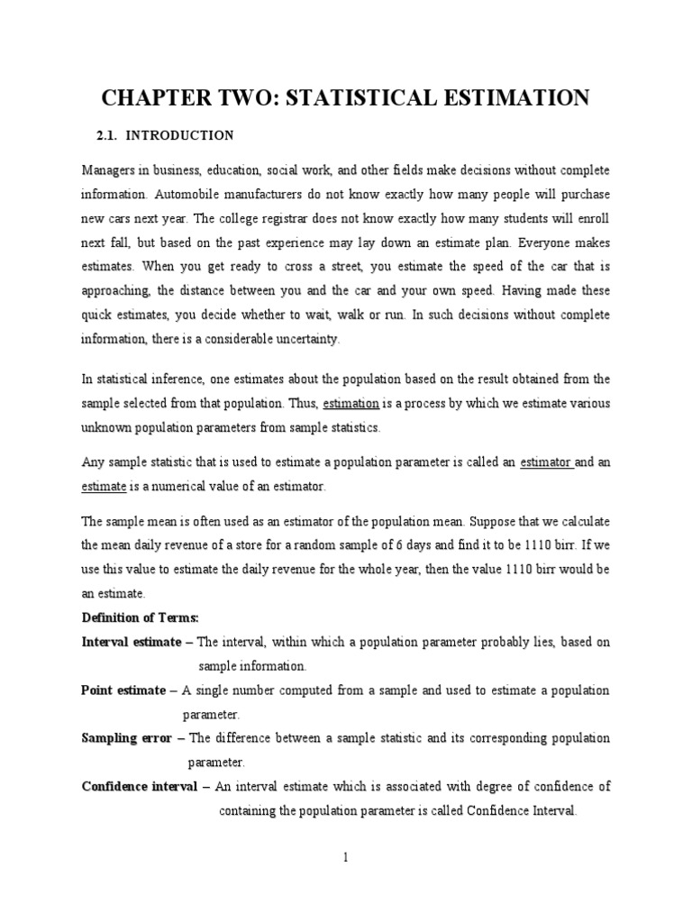 Chapter Two: Statistical Estimation: Definition of Terms: Interval Estimate | PDF | Confidence ...