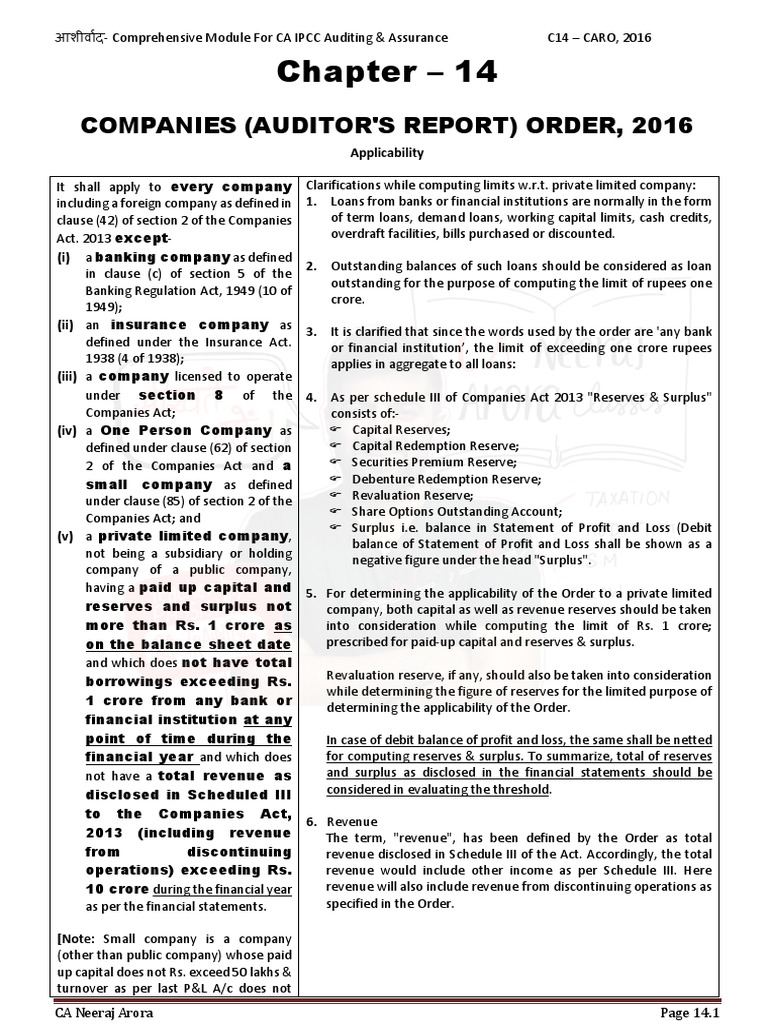 Chapter - 14: Companies (Auditor'S Report) Order, 2016 | PDF | Audit ...