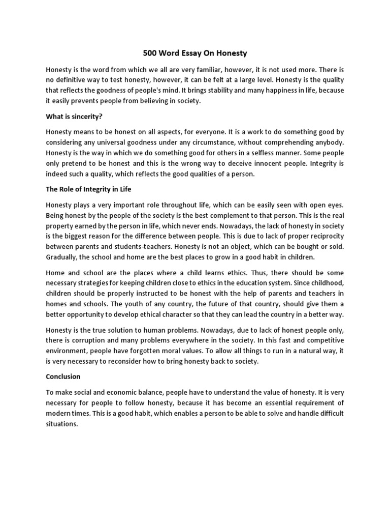 500 Word Essay On Honesty: What Is Sincerity? | PDF | Good And Evil | Integrity