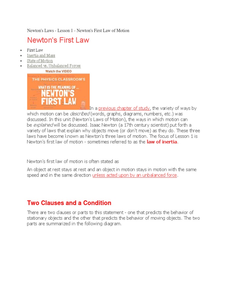 Newton's Laws - Lesson 1 - Newton's First Law of Motion | PDF | Newton ...