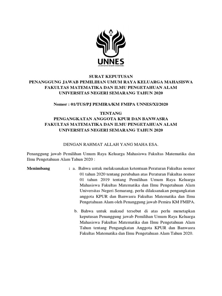Surat Keputusan Pengangkatan KPUR Banwasra FMIPA | PDF
