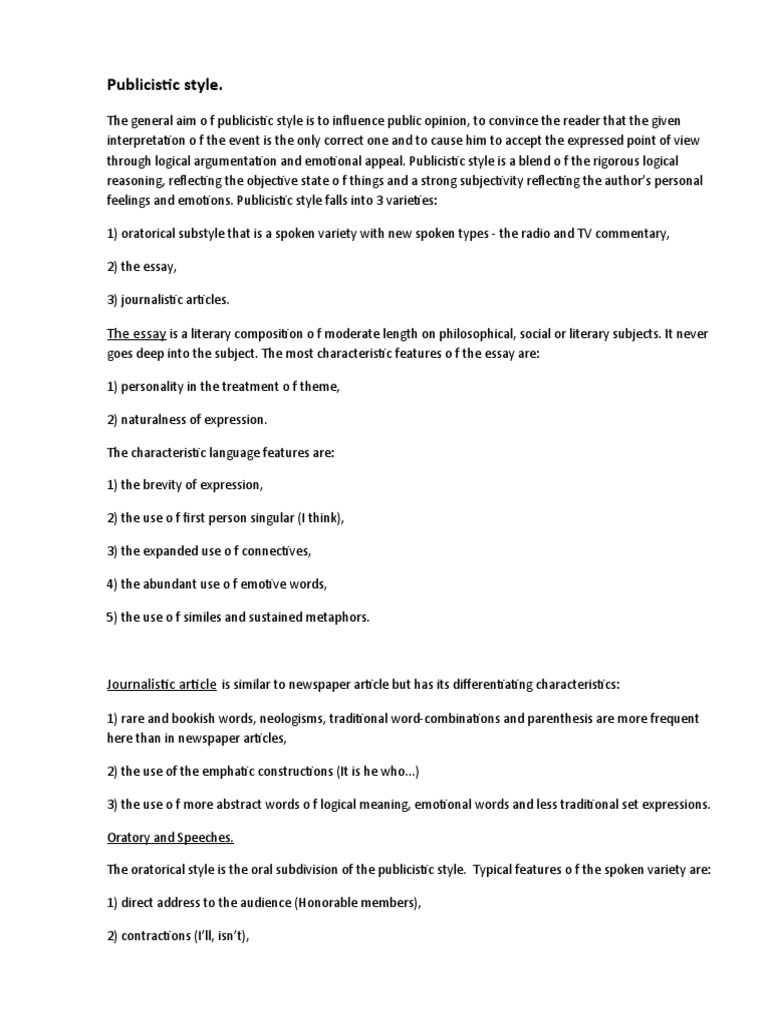 Publicistic Style.: The Essay | PDF | Newspapers | Essays