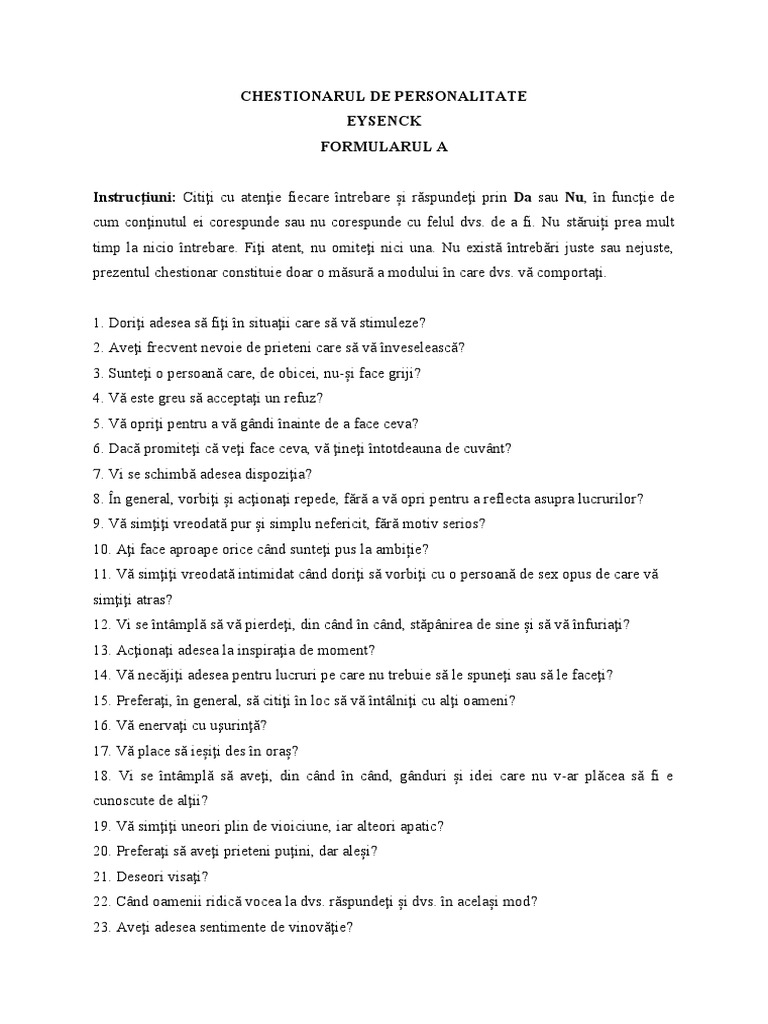 Chestionarul de Personalitate Eysenck | PDF