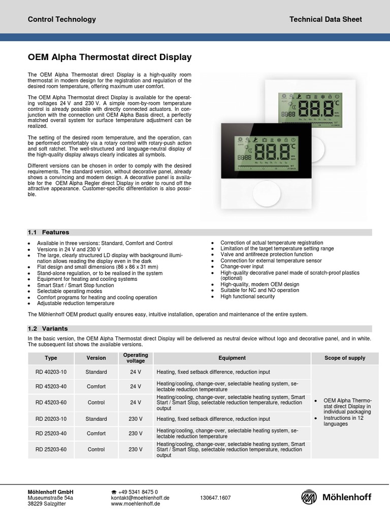OEM Alpha Thermostat Direct Display: Control Technology Technical Data ...