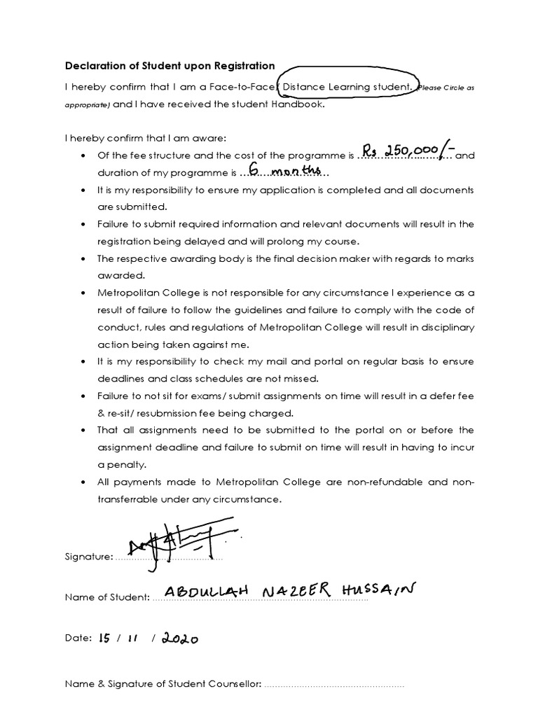 Student Registration Declaration | PDF | Career & Growth