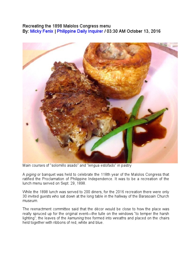 Recreating The 1898 Malolos Congress Menu | PDF | Menu | Western Cuisine