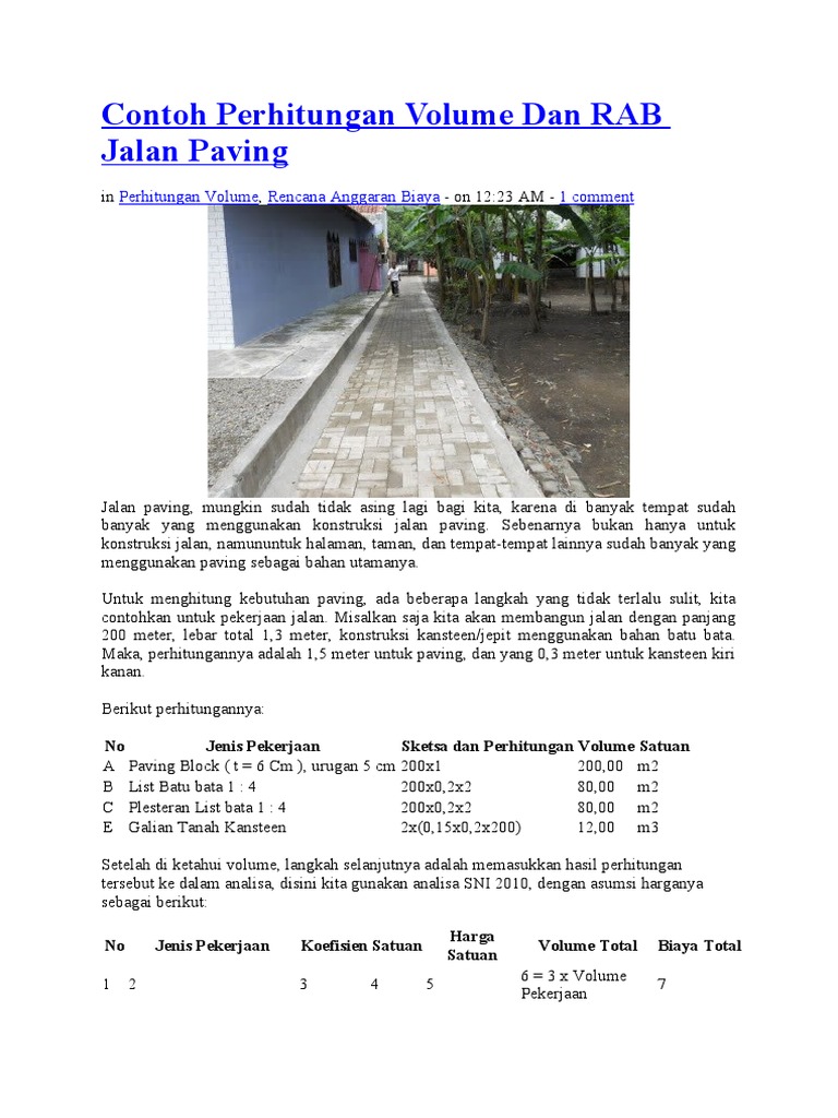 Contoh Perhitungan Volume Dan RAB Jalan Paving | PDF