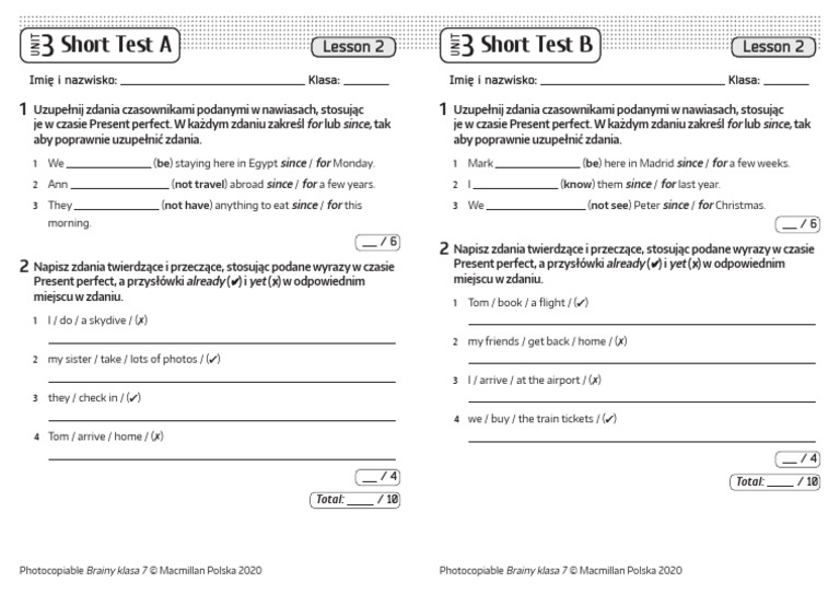 Brainy kl7 Short Tests Unit 3 Lesson 2 | PDF