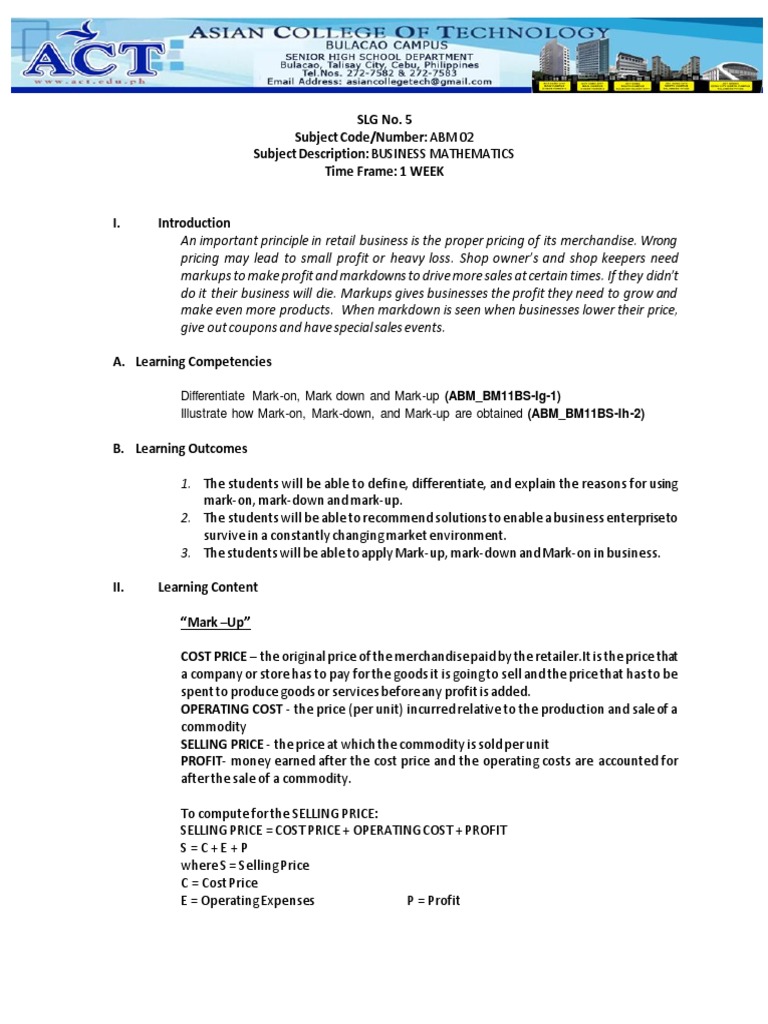 SLG NO.5 Business Mathematics PDF | PDF | Retail | Prices