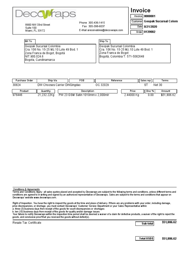 Invoice: 8900 NW 33rd Street Suite 100 Miami, FL 33172 Phone 305-436 ...