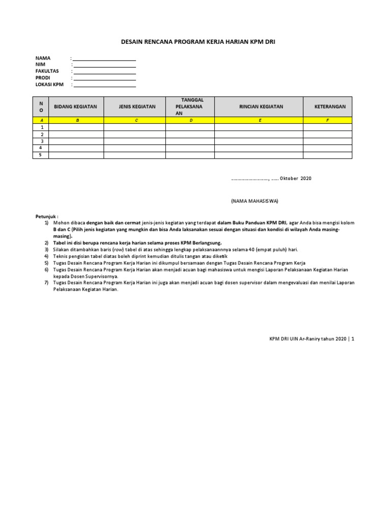 Rencana Kerja Harian KPM DRI 2020 | PDF | Bisnis