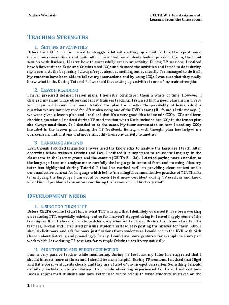 CELTA Written Assignment Lessons From TH | PDF | Language Education ...