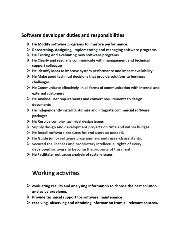 Working Activities: Software Developer Duties and Responsibilities | PDF