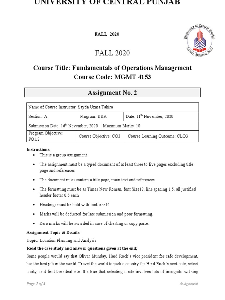 FALL 2020: Course Title: Fundamentals of Operations Management Course ...