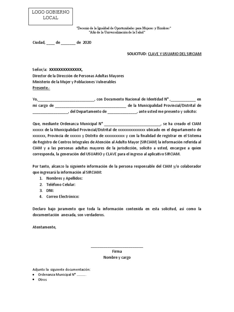 Modelo Solicitud de Clave y Usuario SIRCIAM | PDF
