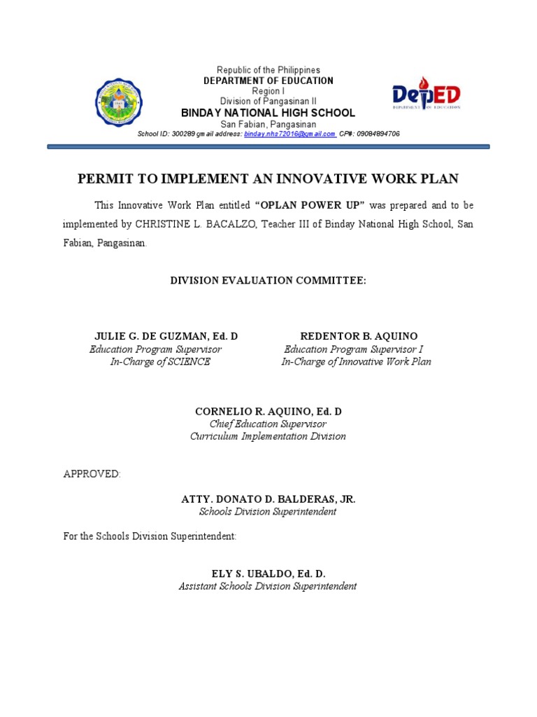 Permit To Implement An Innovative Work Plan: Binday National High ...