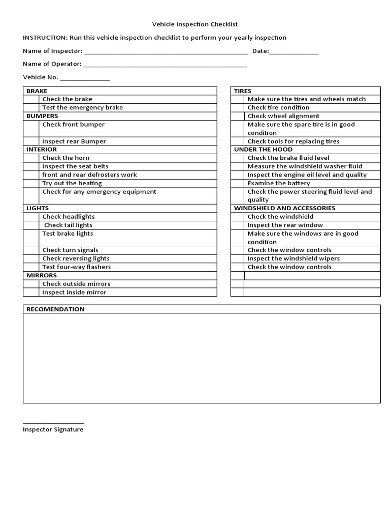 Vehicle Inspection Checklist Template | PDF | Automotive Technologies ...