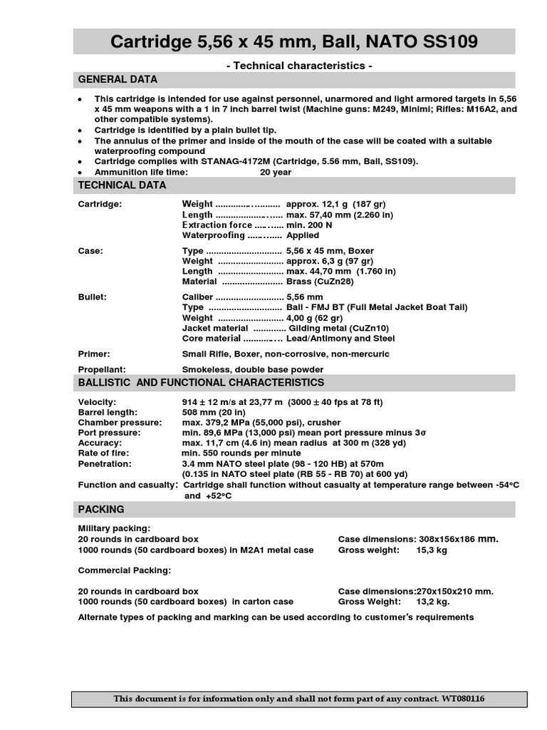 Cartridge 5,56 X 45 MM, Ball, NATO SS109: General Data | PDF ...