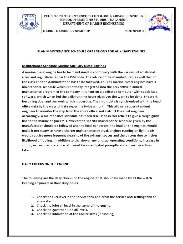 Plan Maintenance Schedule Operations For Auxiliary Engines | PDF | Lubricant | Piston