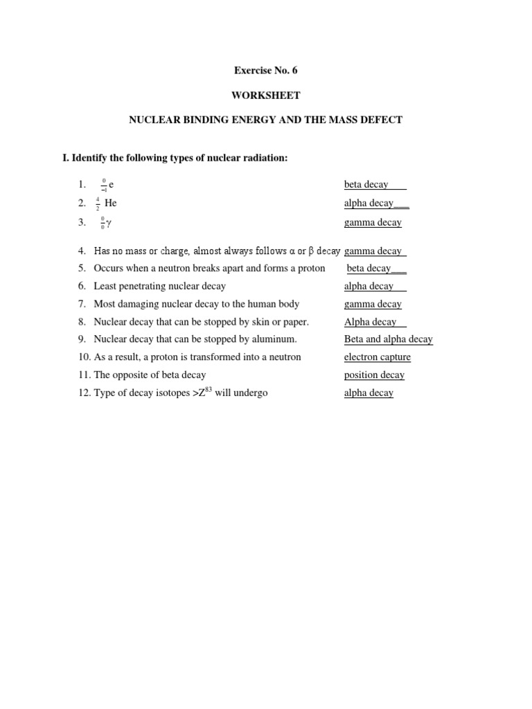 Exercise No. 6 Worksheet Nuclear Binding Energy and The Mass Defect ...