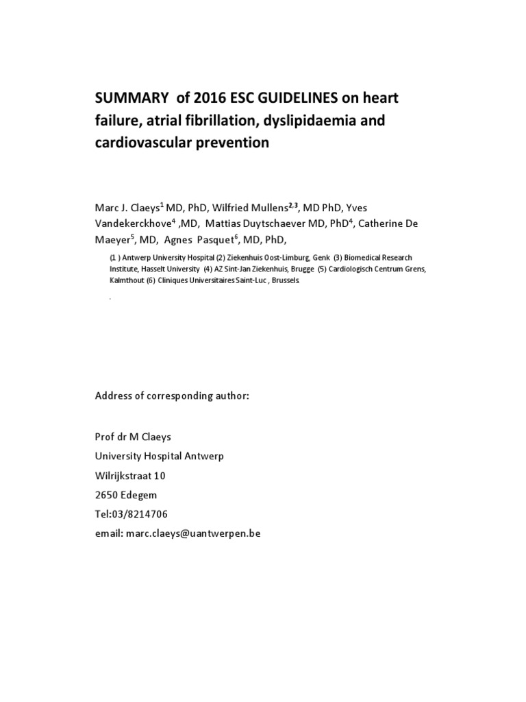 Summary of 2016 Esc Guidelines On Heart Failure, Atrial Fibrillation ...