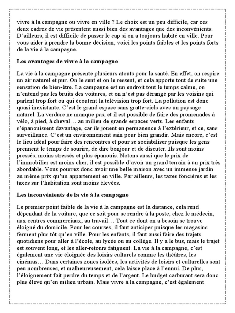 Avantages et inconvénients ville/campagne | PDF | La nature