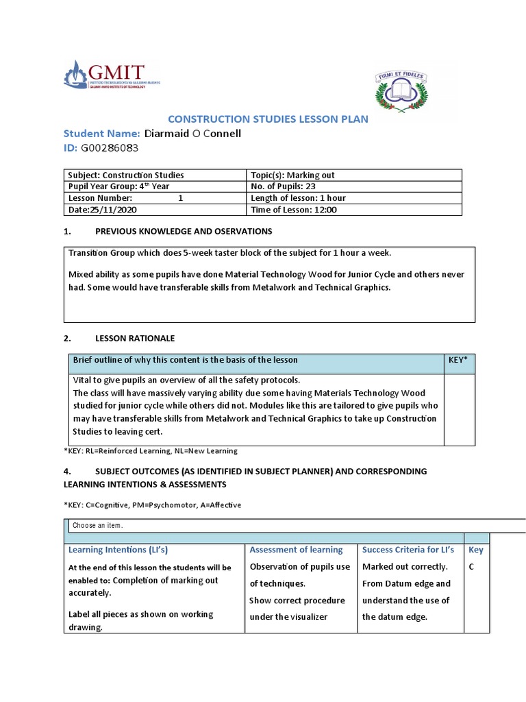 Lesson Plan Transition Year Construction Studies 1 | PDF | Classroom ...
