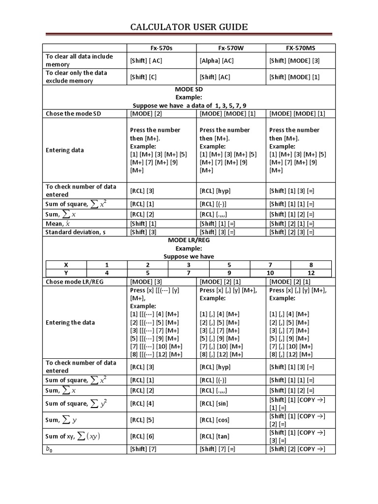 Calculator Manual Guide | PDF | Mode (Statistics) | Sampling (Statistics)