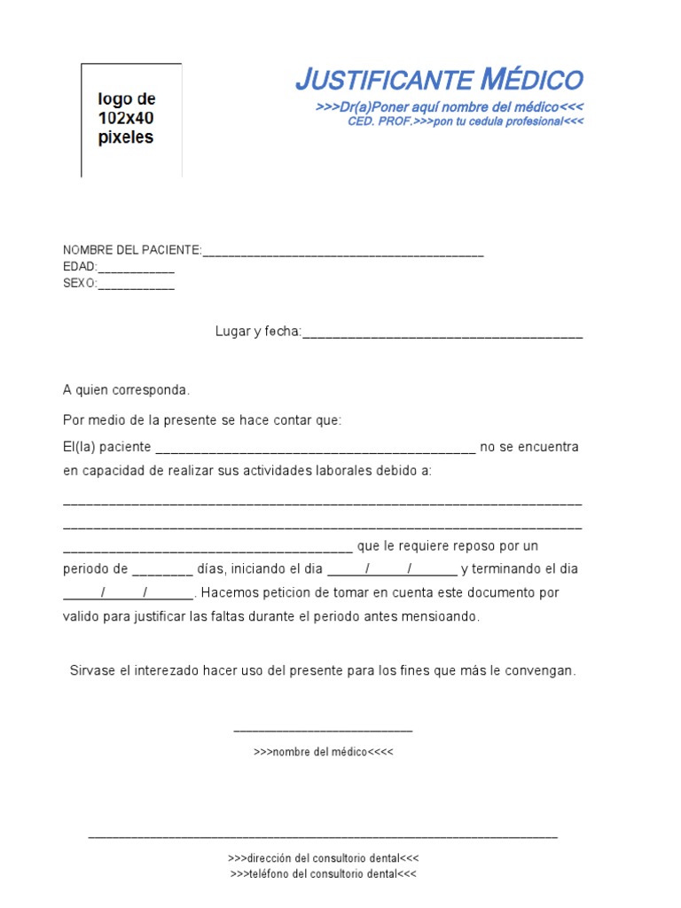 Formato de Justificante Medico Editalbe en Word | PDF
