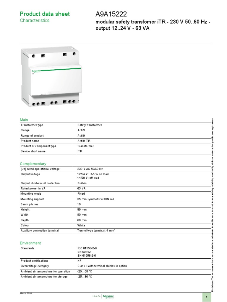 Product Data Sheet: Modular Safety Transfomer iTR - 230 V 50..60 HZ ...