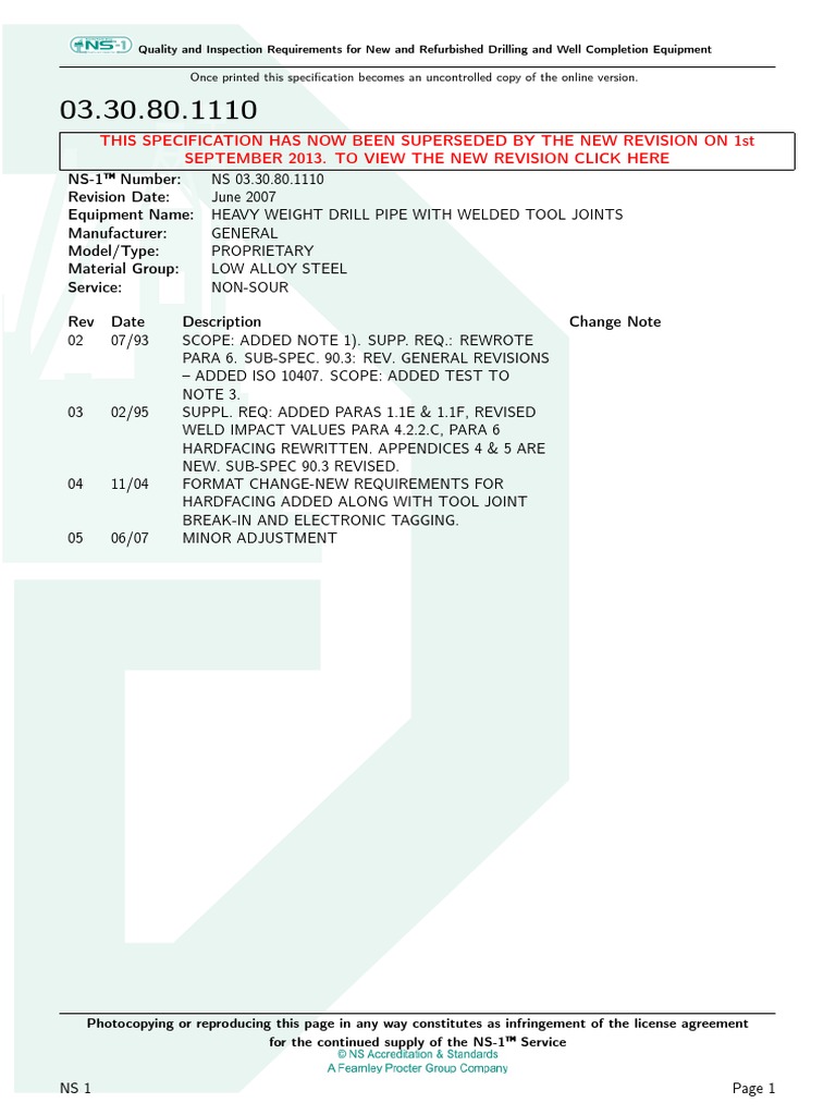 HWDP With Welded Tool Joints Old Rev 5 NS 1 A4 Watermarked | PDF | Pipe ...