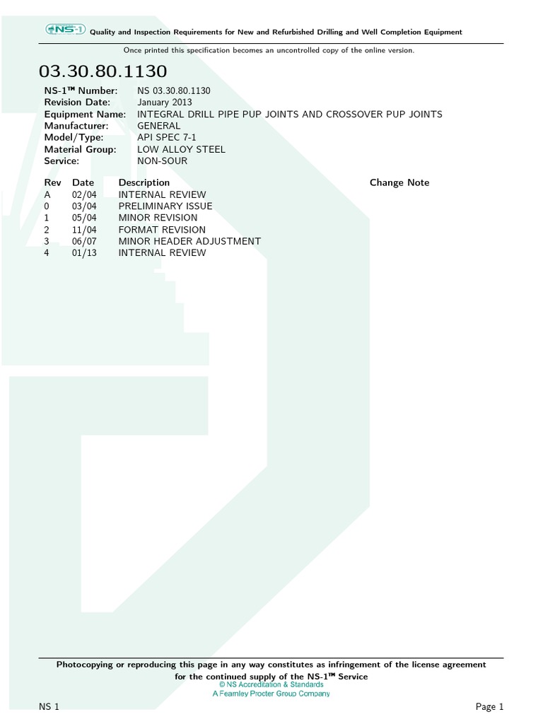 Integral Drill Pipe Pup Joints and Crossover Pup Joints NS 1 A4 ...